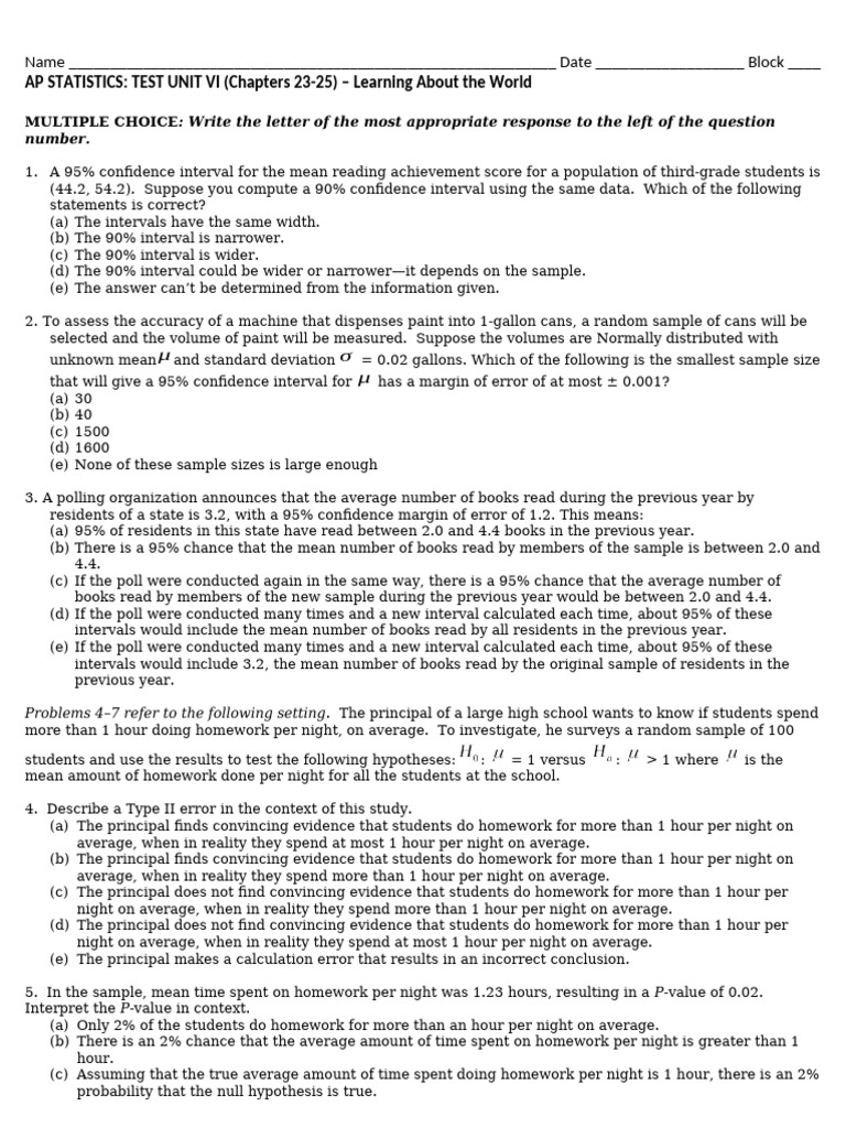 AP Statistics Test Unit VI Review | PDF | P Value | Hypothesis