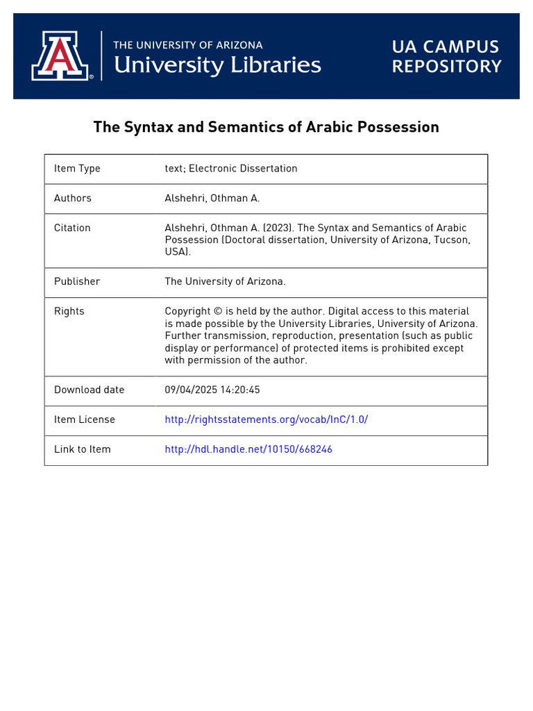 The Syntax and Semantics of Arabic Possession | PDF | Syntax ...