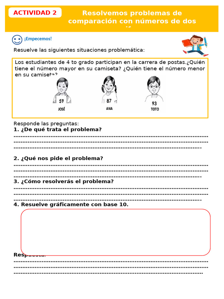 D2 A1 FICHA MAT. Resolvemos Problemas de Comparación Con Números de Dos ...
