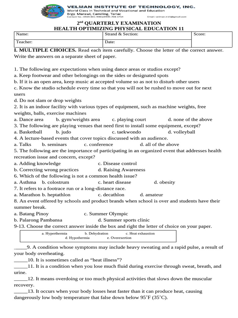 Health Optimizing PE Exam Guide | PDF | Hyperthermia | Hypothermia