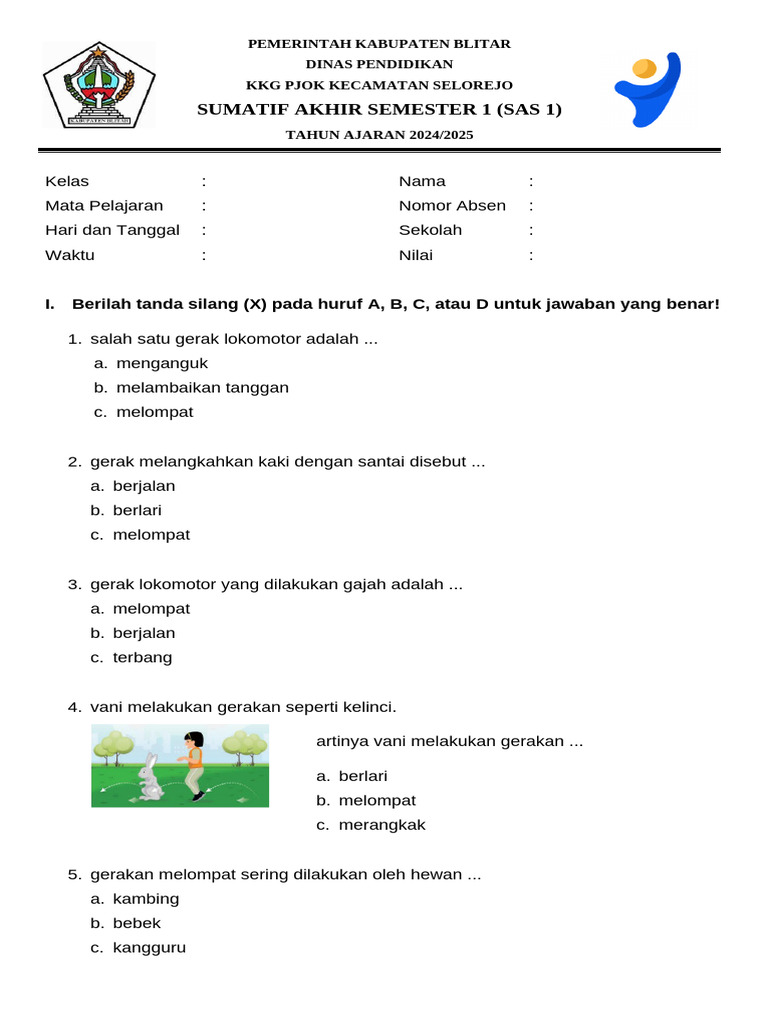 Naskah Soal SAS I - Kelas 1 - PJOK - 2024-2025 | PDF