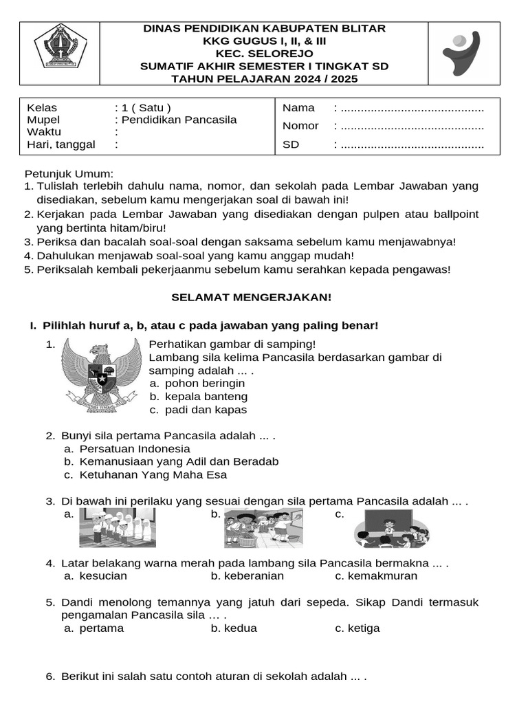 Naskah Soal SAS I - Kelas 1 - Pend - Pancasila - 2024-2025 | PDF