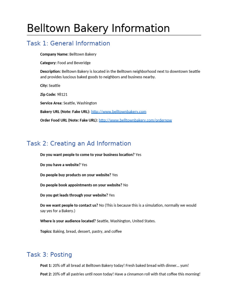 Belltown Bakery Information | PDF