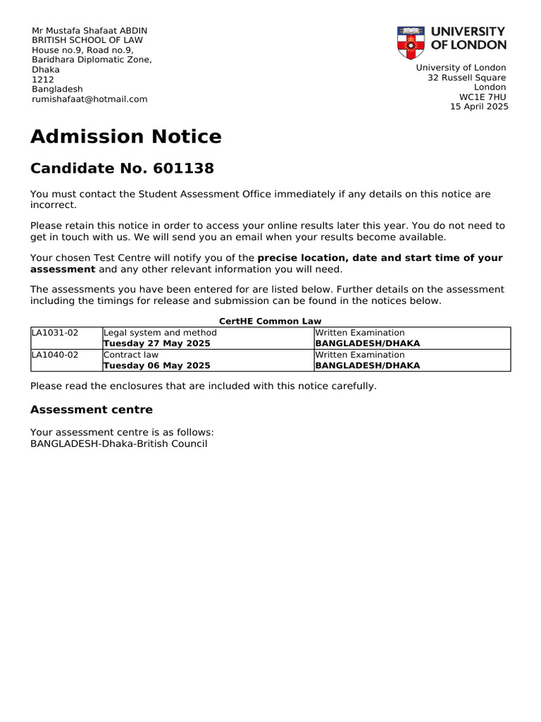 University of London Admission Notice 2025 | PDF