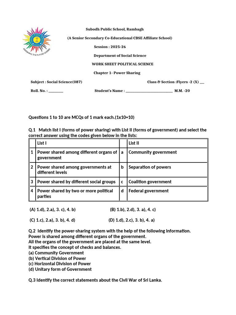 Political Science Power Sharing Worksheet | PDF | Sri Lanka