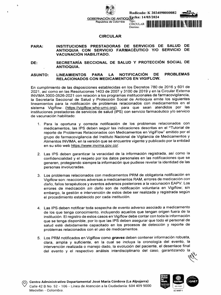 Circular K 2024090000082 Lineamientos para La Notificación PRM VIGIFLOW | PDF | Medicamentos con ...