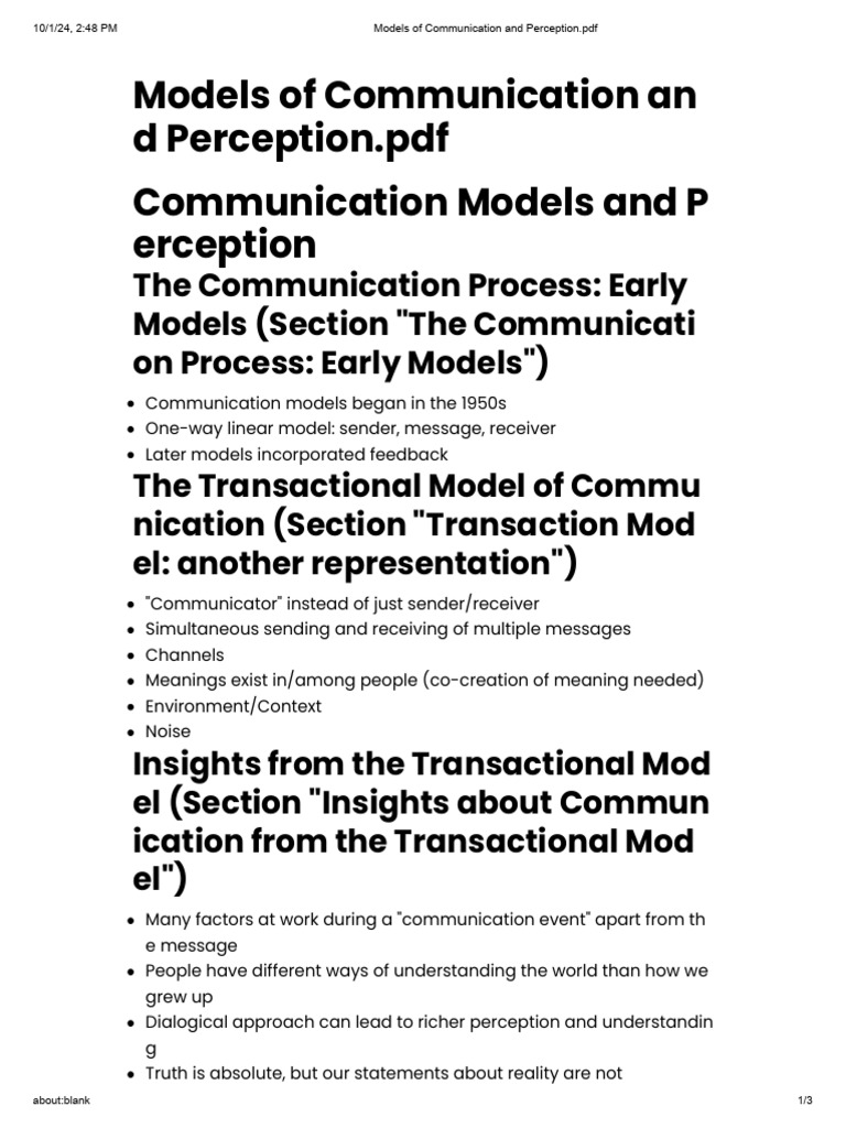 Models of Communication and Perception Notes | PDF | Communication ...