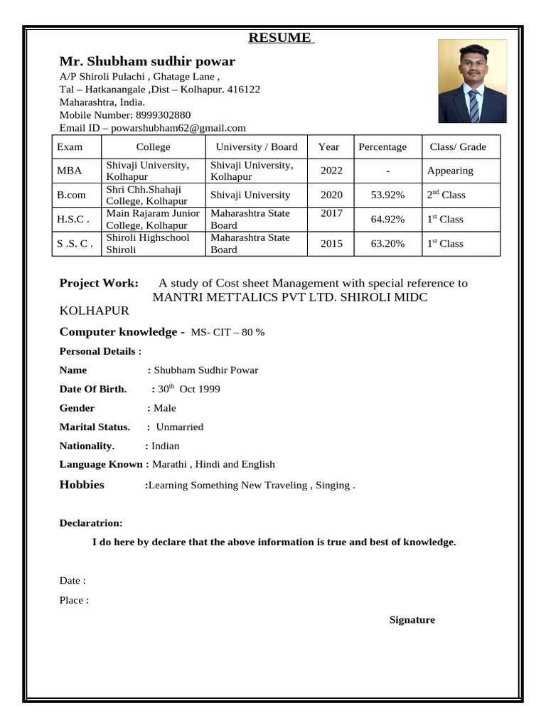 Resume Mr. Shubham Sudhir Powar: Project Work | PDF