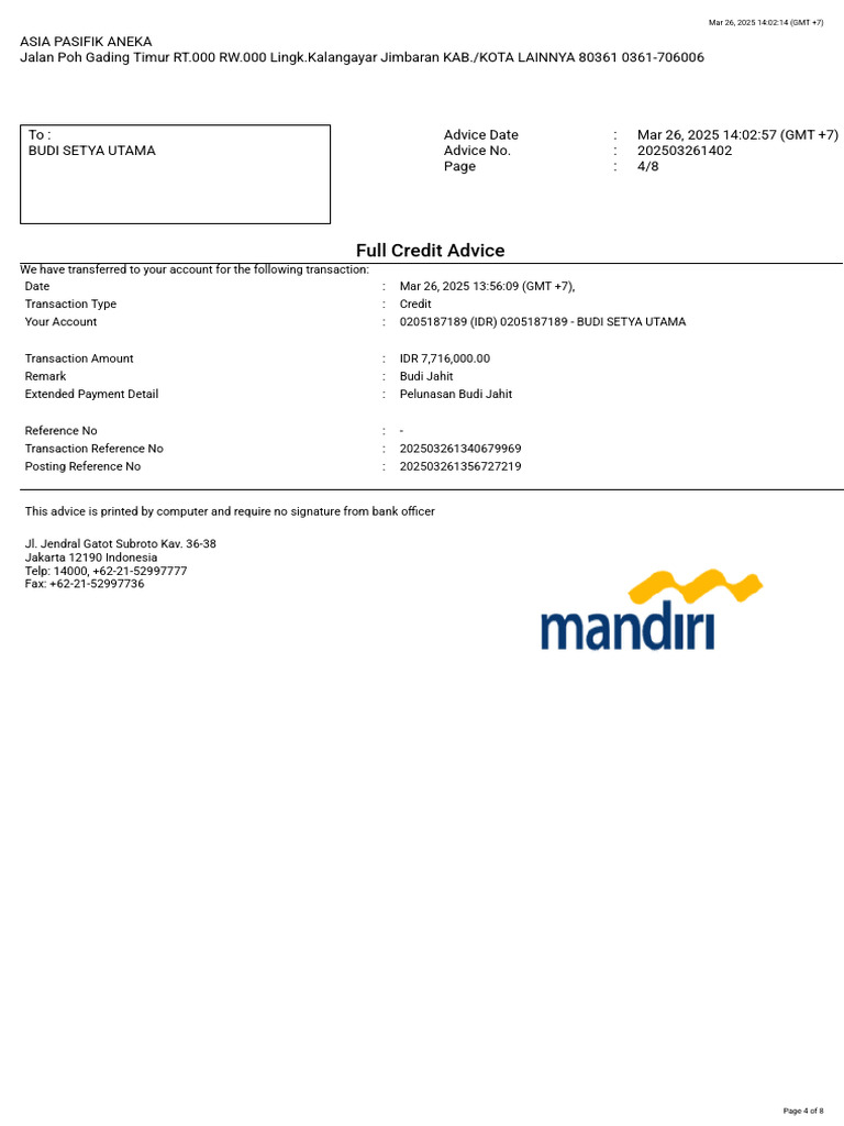 Credit Advice for Budi Setya Utama | PDF