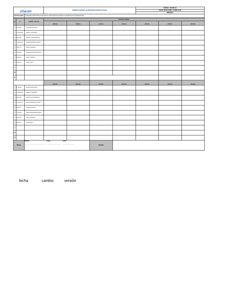 Sgi-Re-111 Formato Asistencia Pausas Activas | PDF