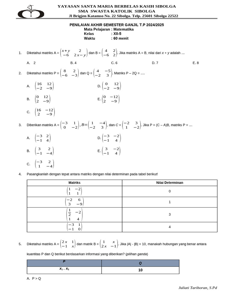 Pts Ganjil Xii MTK 2024 | PDF