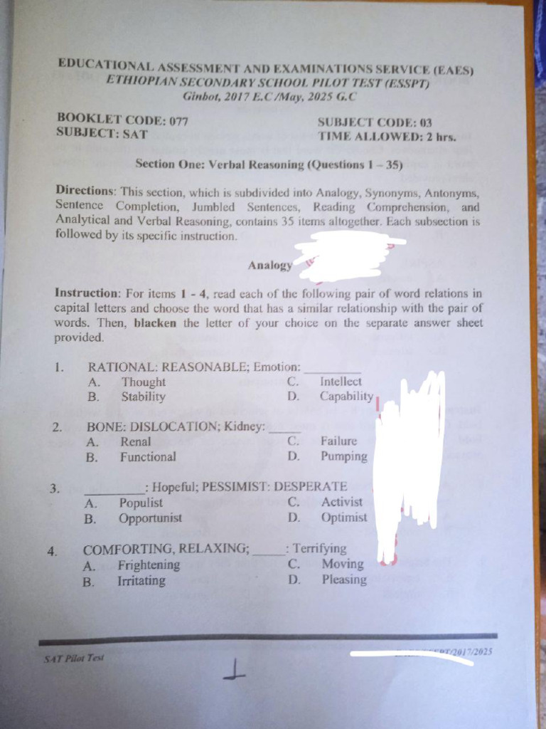 Ethiopian Secondary School SAT Pilot Test | PDF | Evidence | Reason