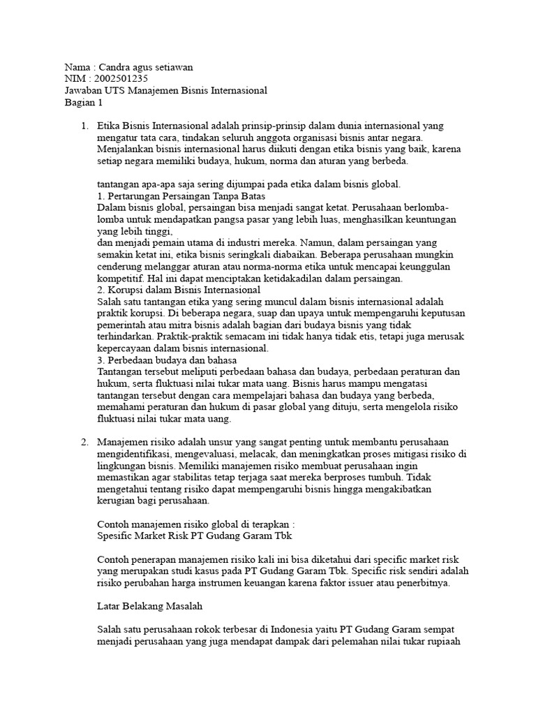 Jawaban UTS MNJ Bisnis Internasional Candra Agus Setiawan 2002501235 | PDF