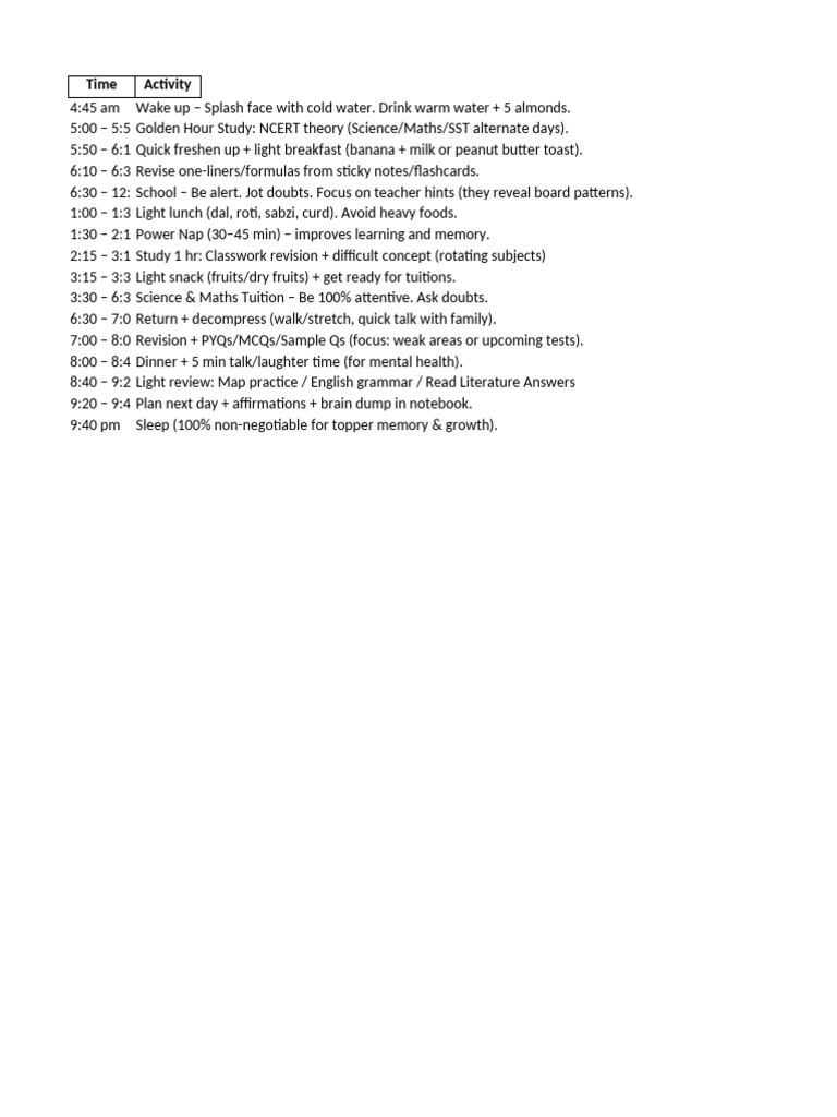 Topper Daily Routine CBSE Class10 | PDF