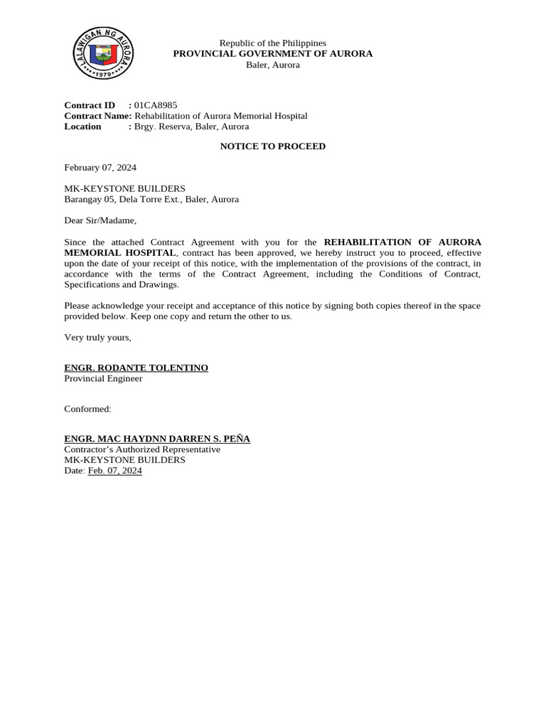 Notice To Proceed 1 | PDF