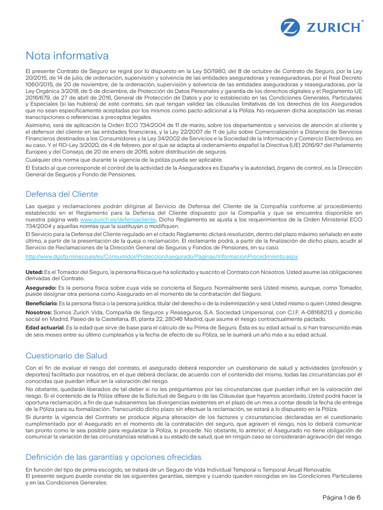 Nota Informativa | PDF | Póliza de seguros | Seguro