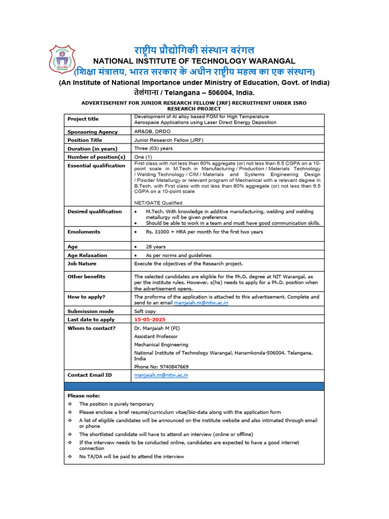 Application For JRF-Readvertisement | PDF
