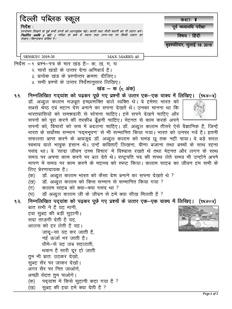 QP Hindi V 201920 Patna Pune and Ludhiana | PDF