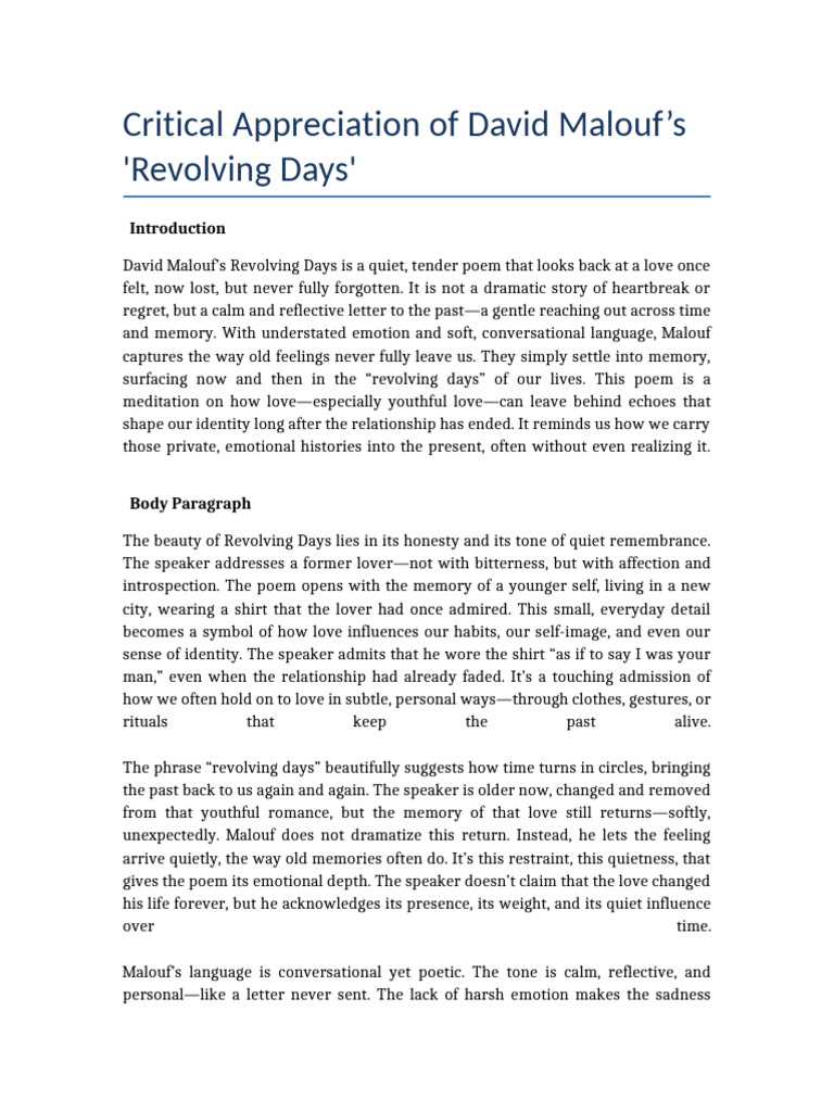 Critical Appreciation Revolving Days David Malouf | PDF | Love | Poetry