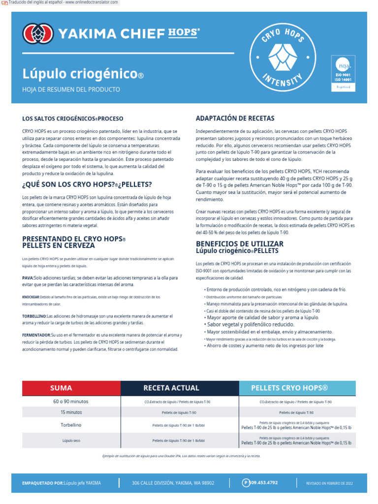 Cryo - Hops - Product - Overview - Sheet - 1 (1) (1) .En - Es | PDF | Lúpulo | Cerveza
