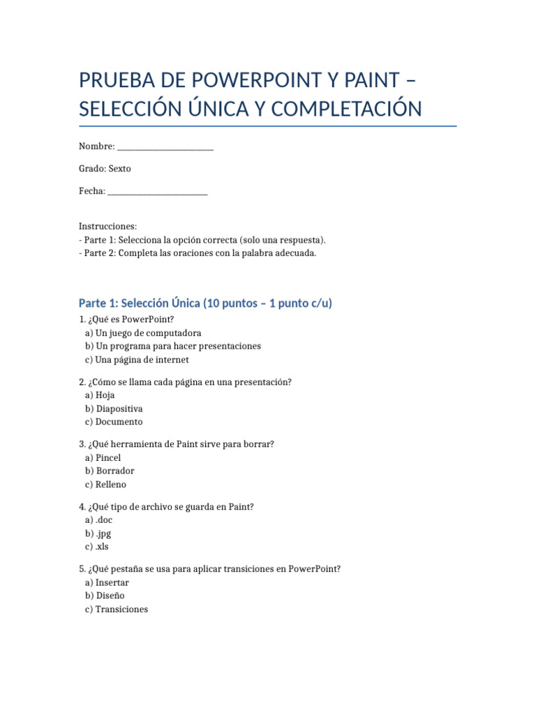 Prueba Mixta PowerPoint Paint SextoGrado | PDF