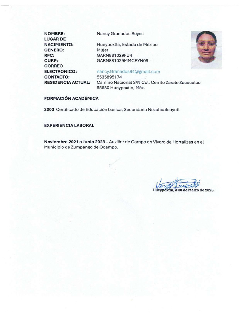 01 GRANADOS REYES NANCY - Curriculum Personal | PDF