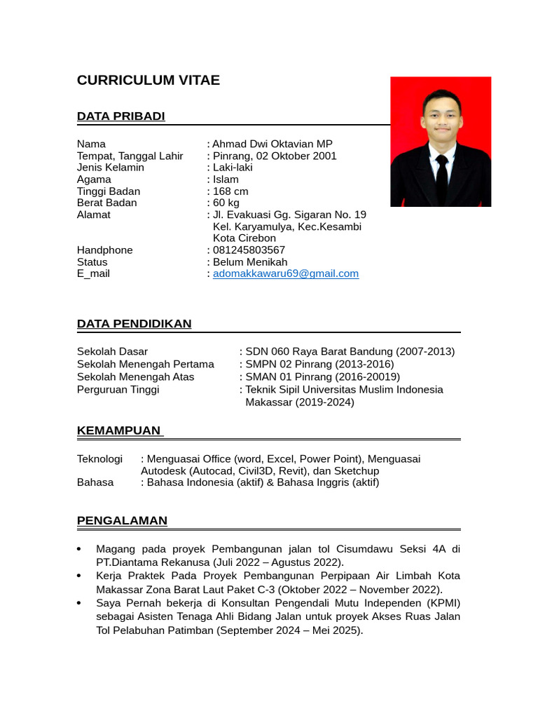 Curriculum Vitae Ahmad Dwi Oktavian Mp (Ok) | PDF