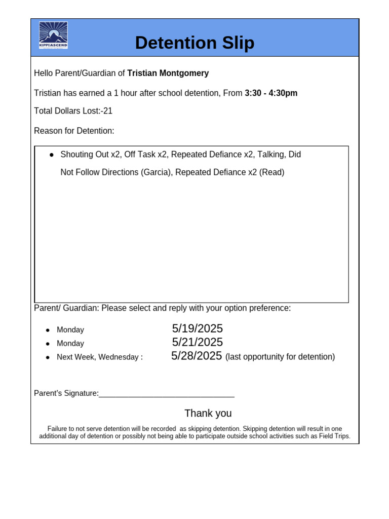 7th Grade Detention Notice 5.19 | PDF