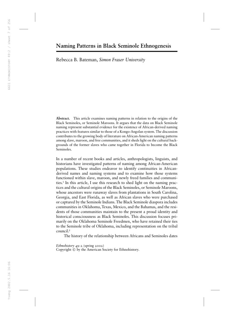 Naming Patterns in Black Seminole Ethnogenesis (Bateman 2002) | PDF | Seminole | African Diaspora