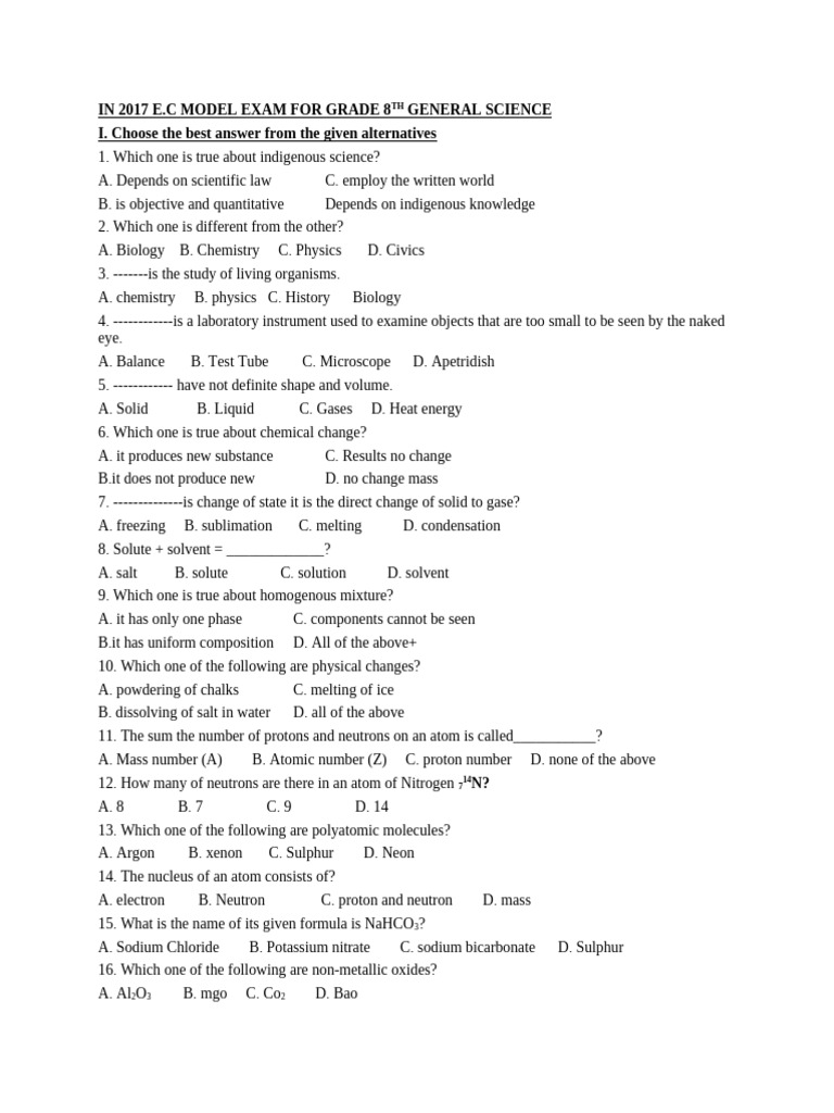 Grade 8 General Science Exam Review | PDF | Chemistry | Cellular ...