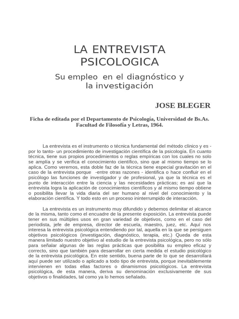 La Entrevista Psicologica José Bleger | PDF | Sicología | Psicoanálisis