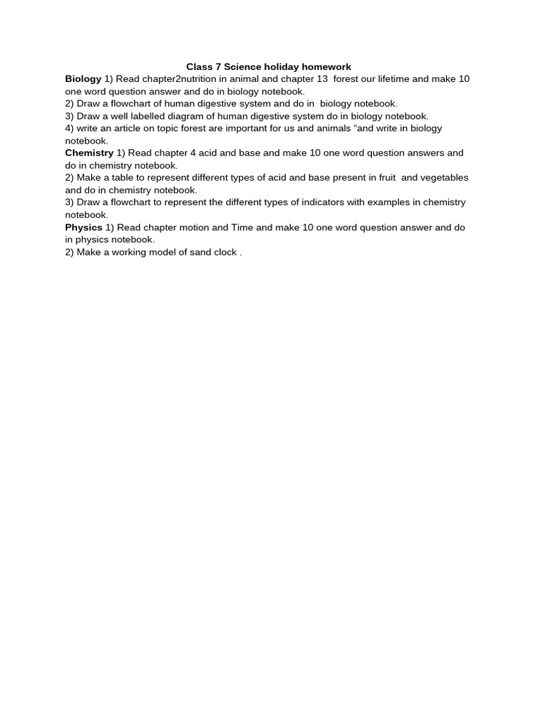 Class 7 Science Holiday Homework Tasks | PDF