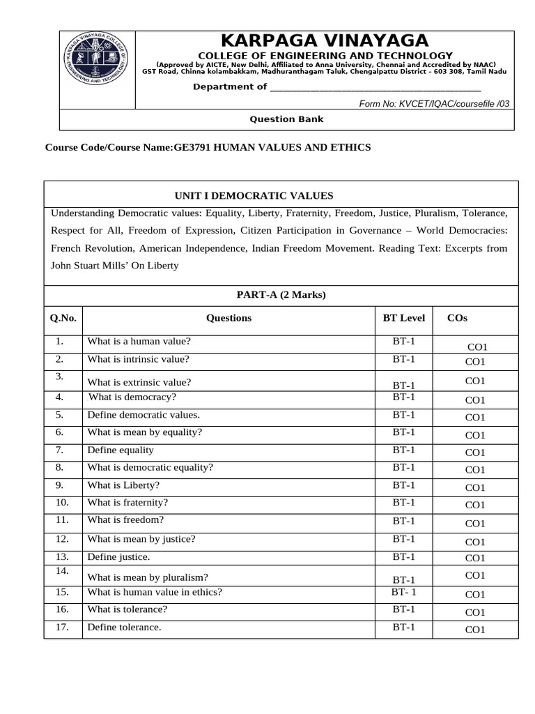 GE3791 Human Values & Ethics Question Bank | PDF | Secularism | Democracy
