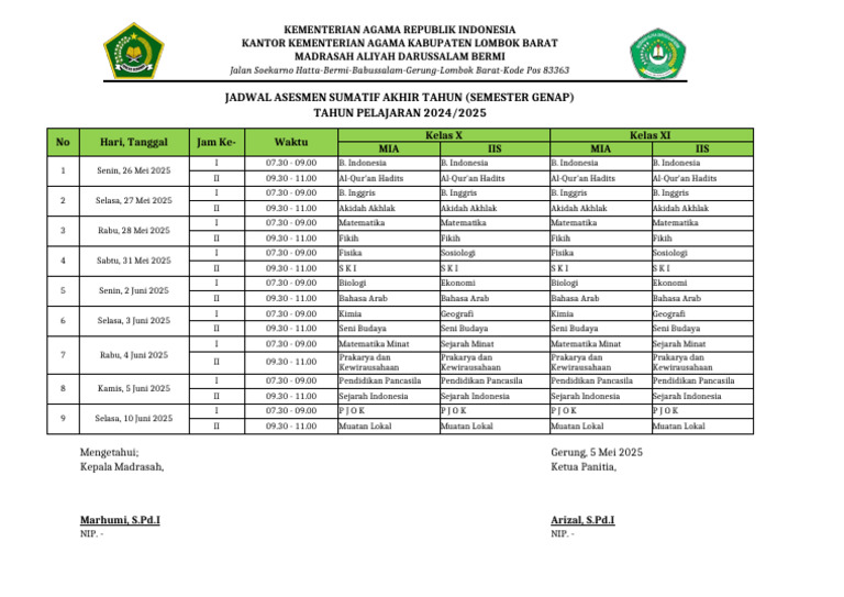 Jadwal Asat 24-25 Madar Bermi | PDF