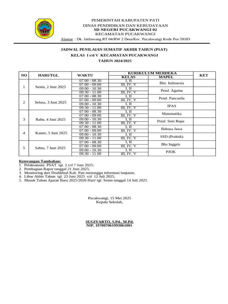 Jadwal Psat TH 2024-2025-Pucakwangi | PDF