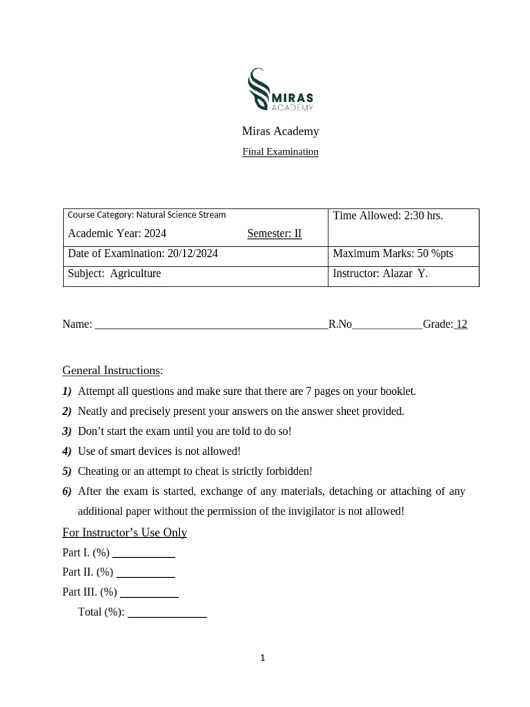 Agriculture Final Exam by Alazar | PDF | Vegetables | Plant Breeding