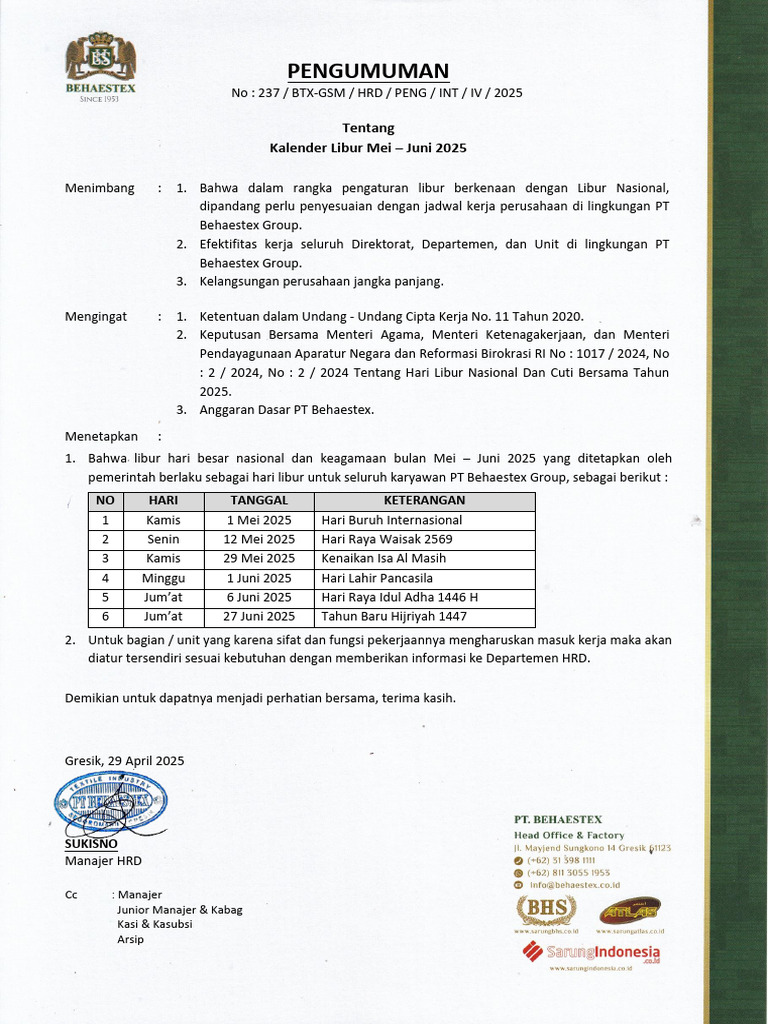 Pengumuman Kalender Libur Mei - Juni 2025 | PDF