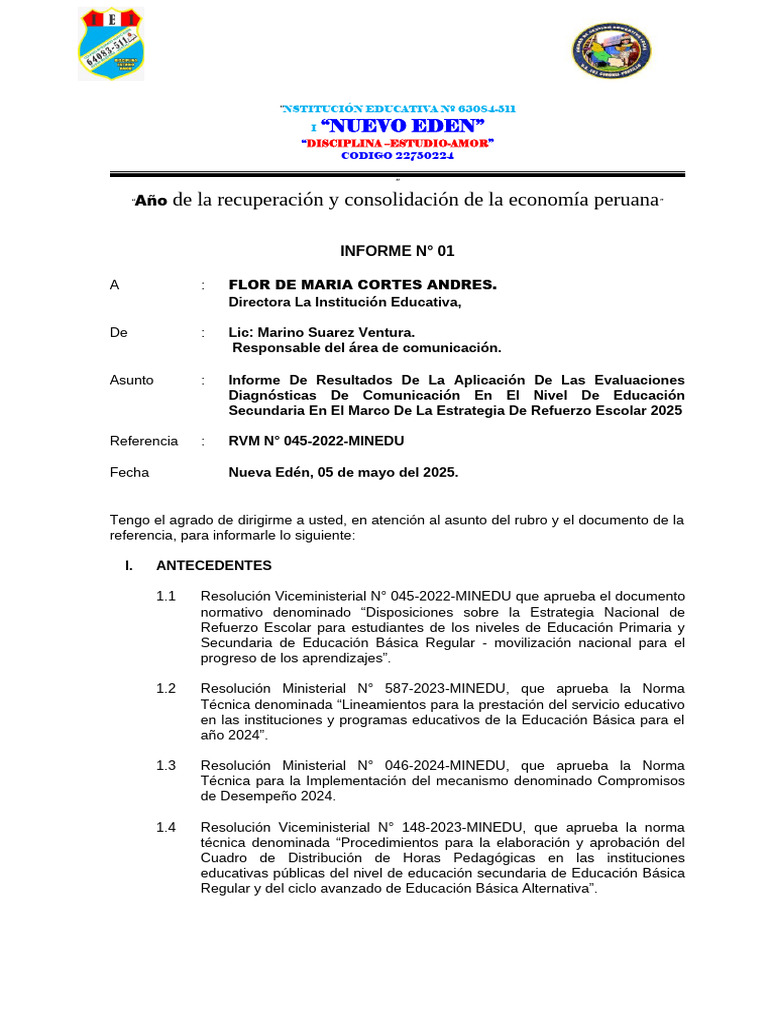 Informe Evaluacion Diagnostica 2025 | PDF | Evaluación | Enseñando