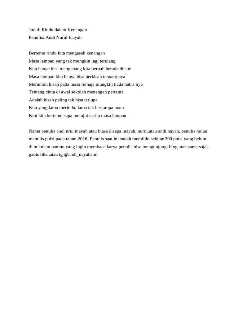Rindu Dalam Kenangan Andi Nurul Inayah_080822 | PDF