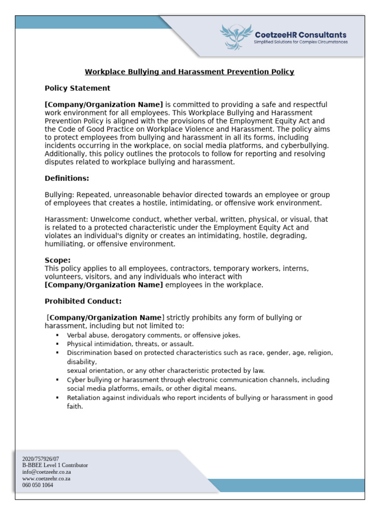 Workplace Bullying and Harassment Prevention Policy. | PDF | Harassment ...