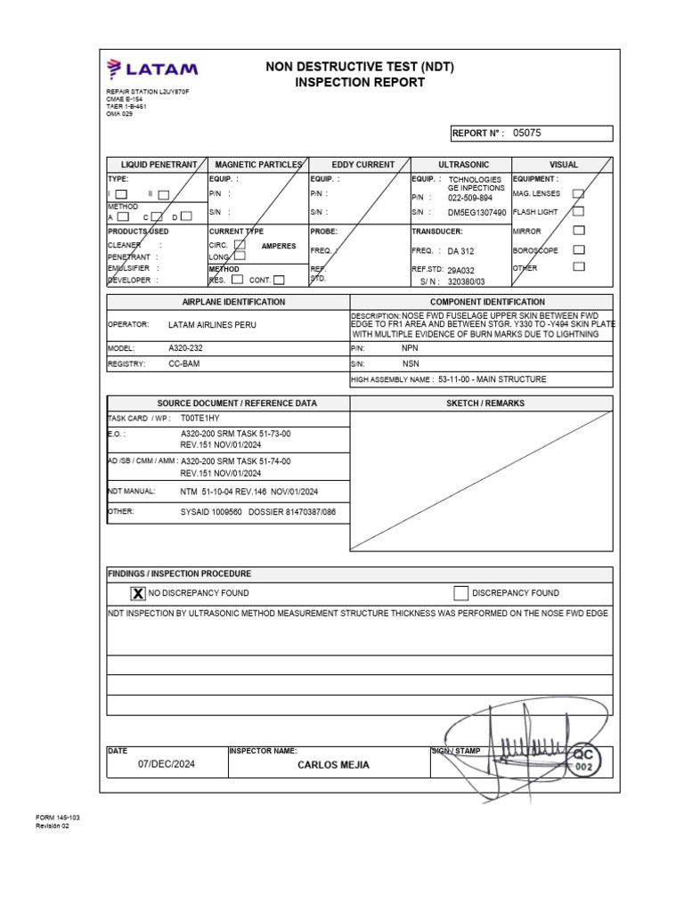 NDT Report Form 145-103 Ut Damage10 Fr1 Y330 To-Y330 Skin With Burn ...