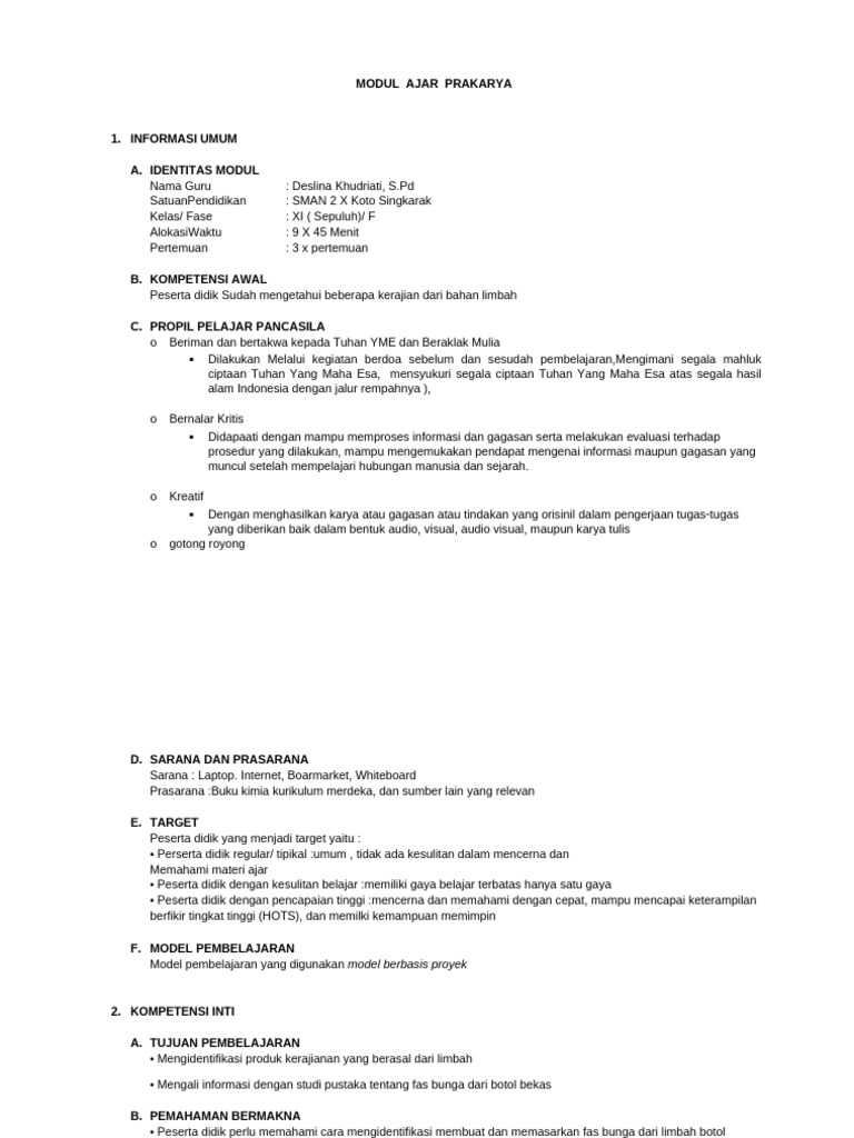 Modul Ajar Prakarya Pembuatan Pot Bunga Dari Limbah Botol | PDF