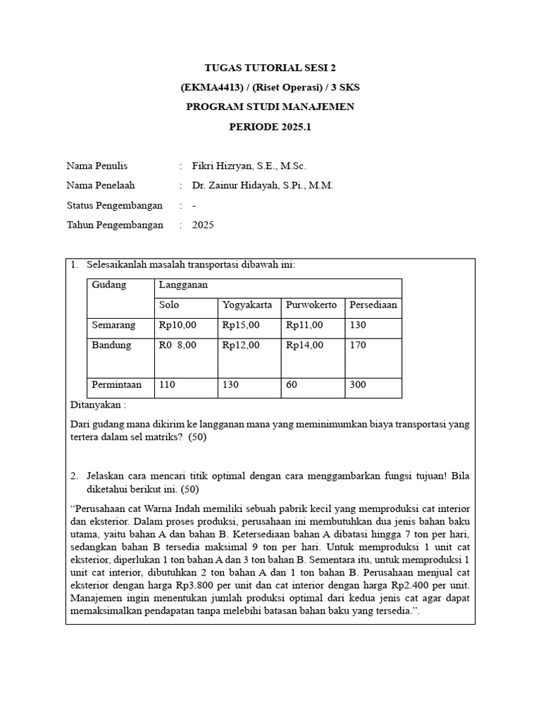Tugas Tutorial Sesi 2 Riset Operasi Ayu Fadhilla 051904242 | PDF
