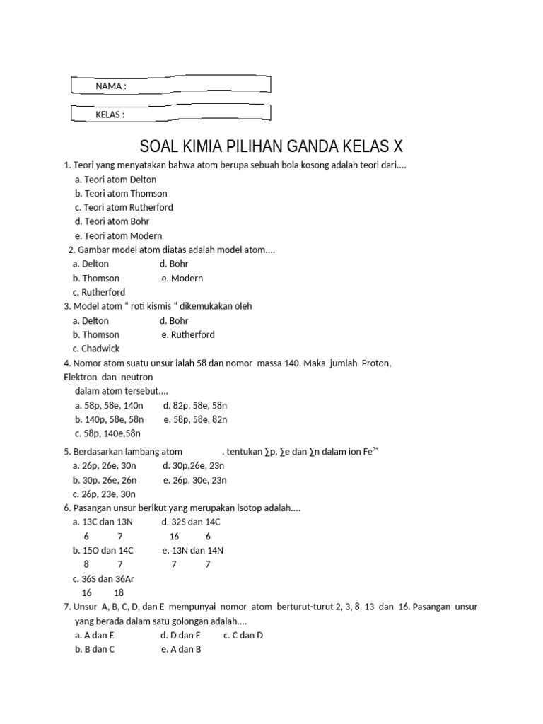 Soal Kimia Pilihan Ganda Kelas X | PDF