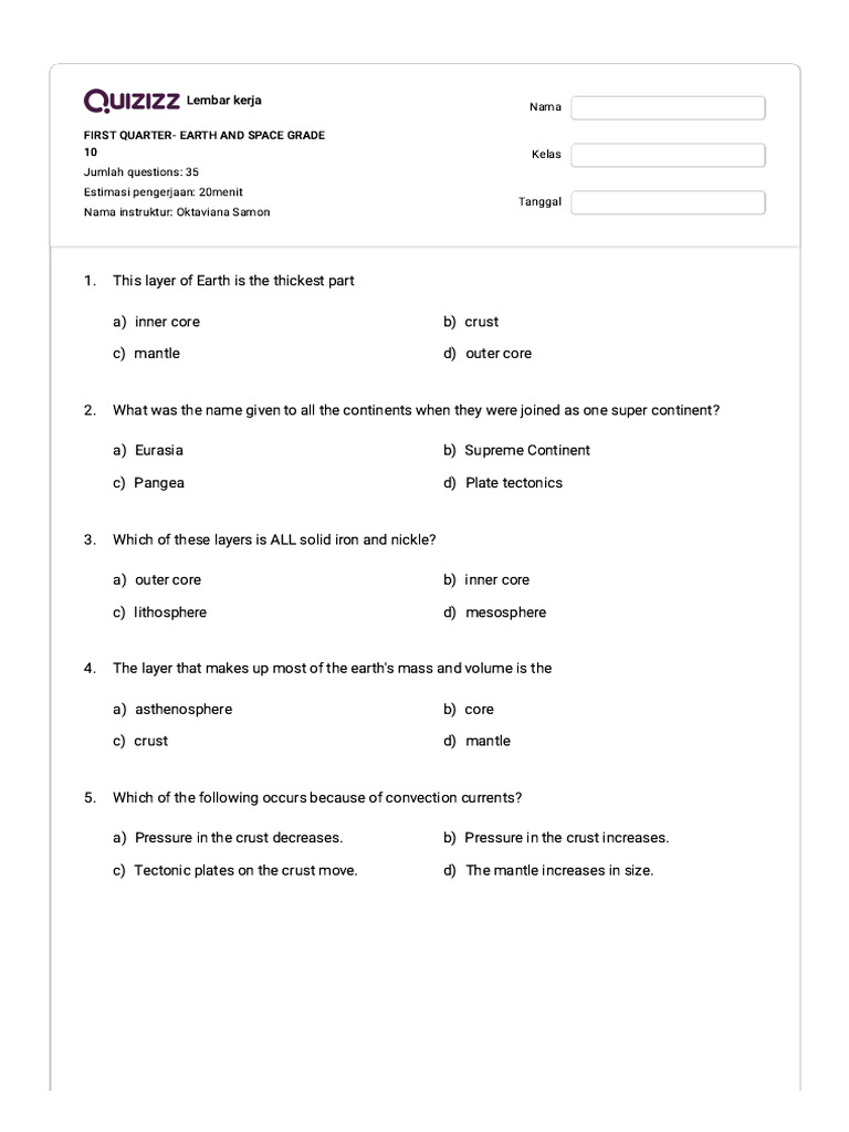 Earth and Space Grade 10 Quiz Worksheet | PDF | Plate Tectonics ...