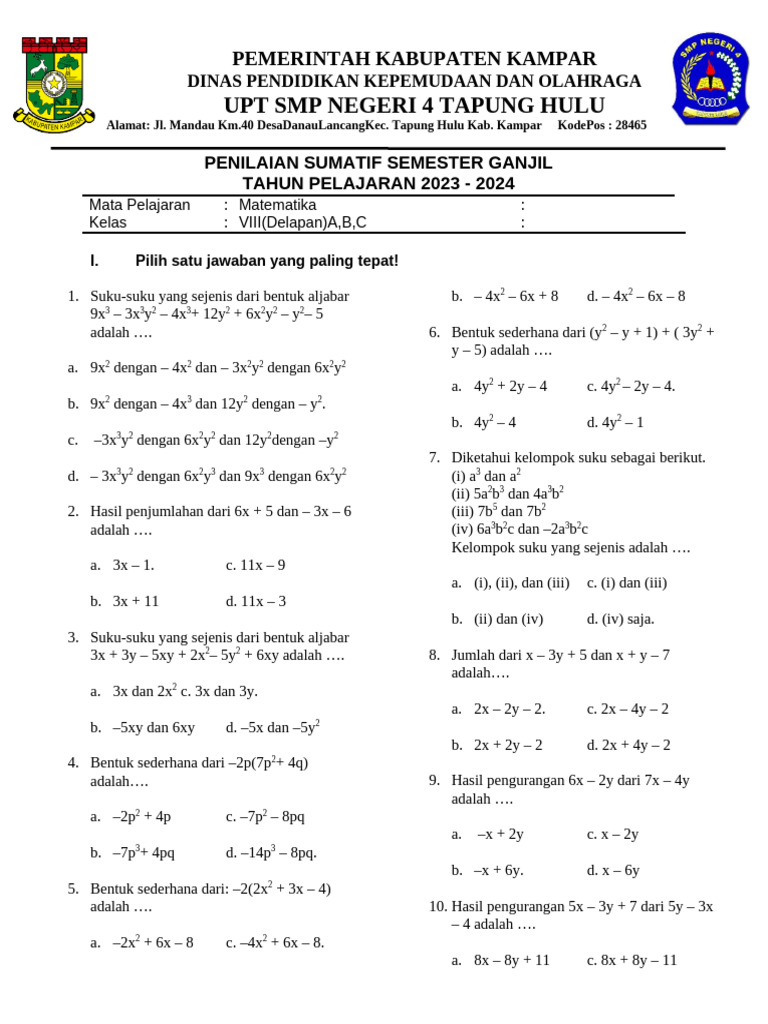 Soal Semester Ganjil Kls 8 2023-2024 | PDF