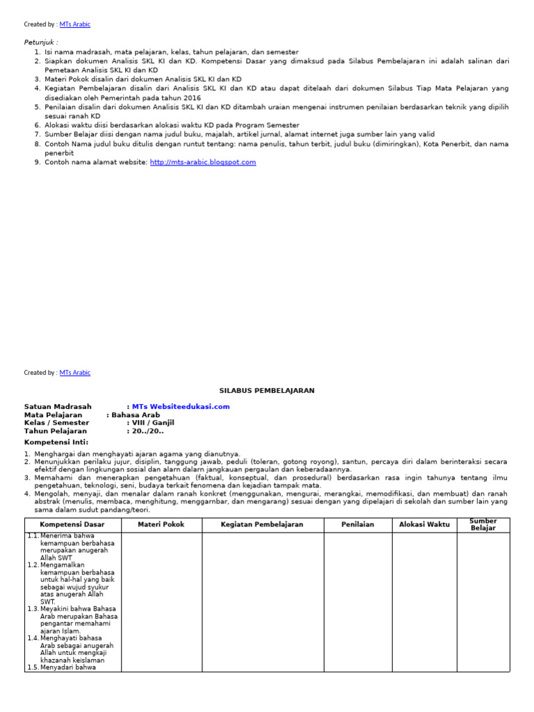 Silabus Bahasa Arab Kelas Viii Semester Ganjil | PDF