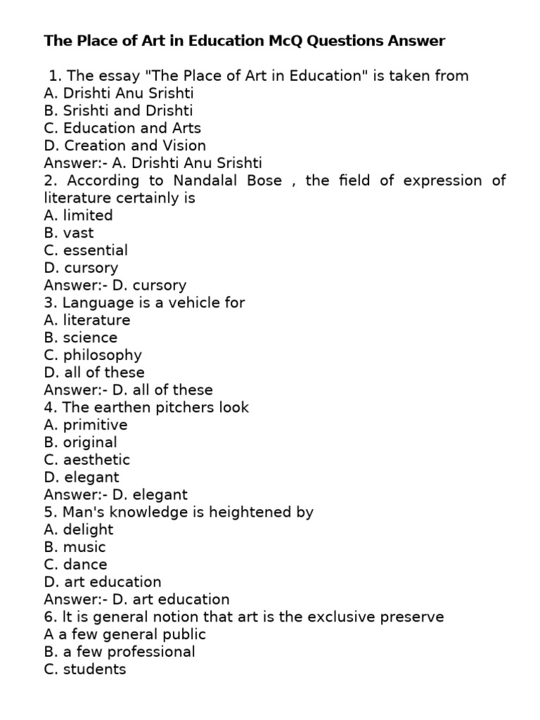 The Place of Art in Education MCQ Questions Answer | PDF | Aesthetics ...