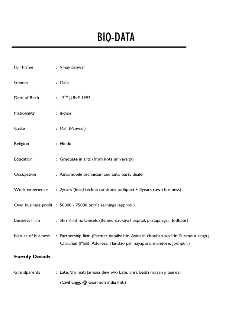 Vinay Biodata | PDF