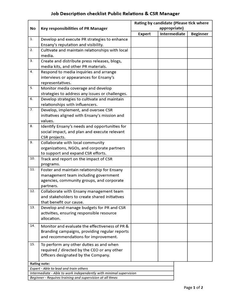 Job Description Checklist For PR and CSR Manager | PDF